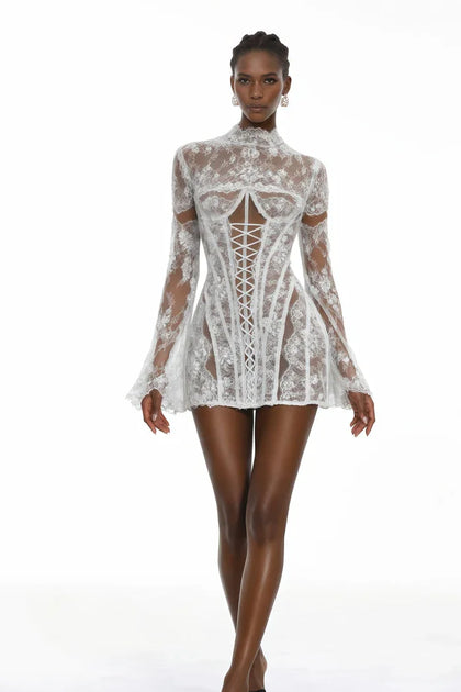 Socialite Style White Lace Sheer Corset High-Neck Waist-Cinched Mini D ...